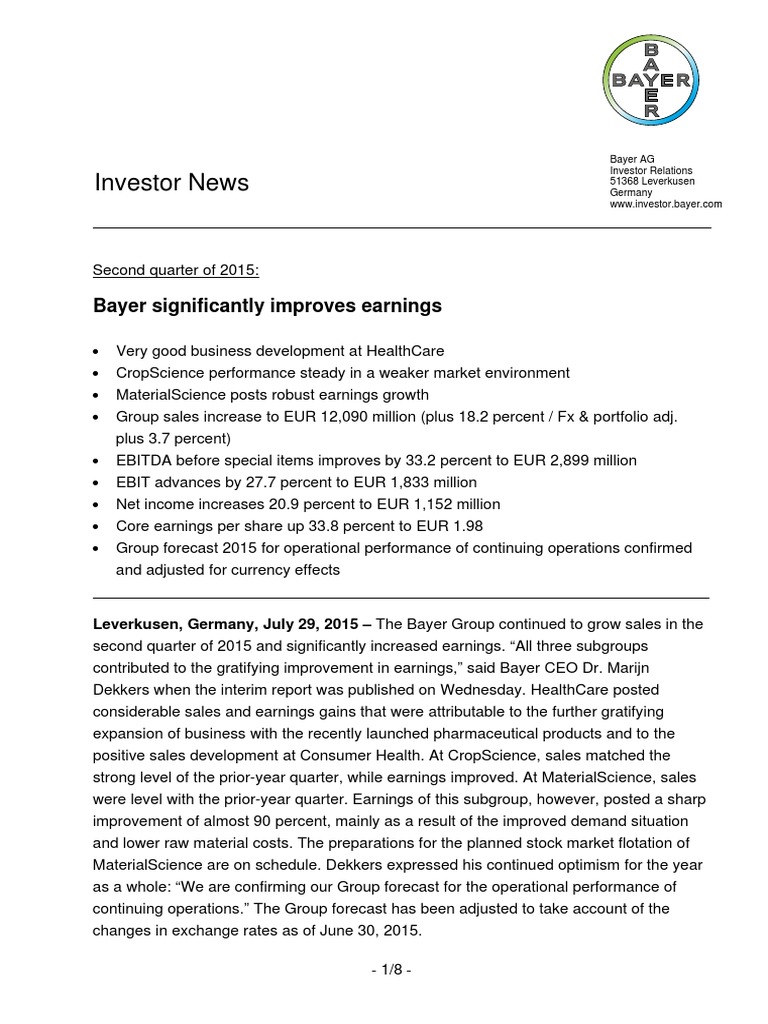 Investor News: Bayer Significantly Improves Earnings | PDF | Bayer | Euro
