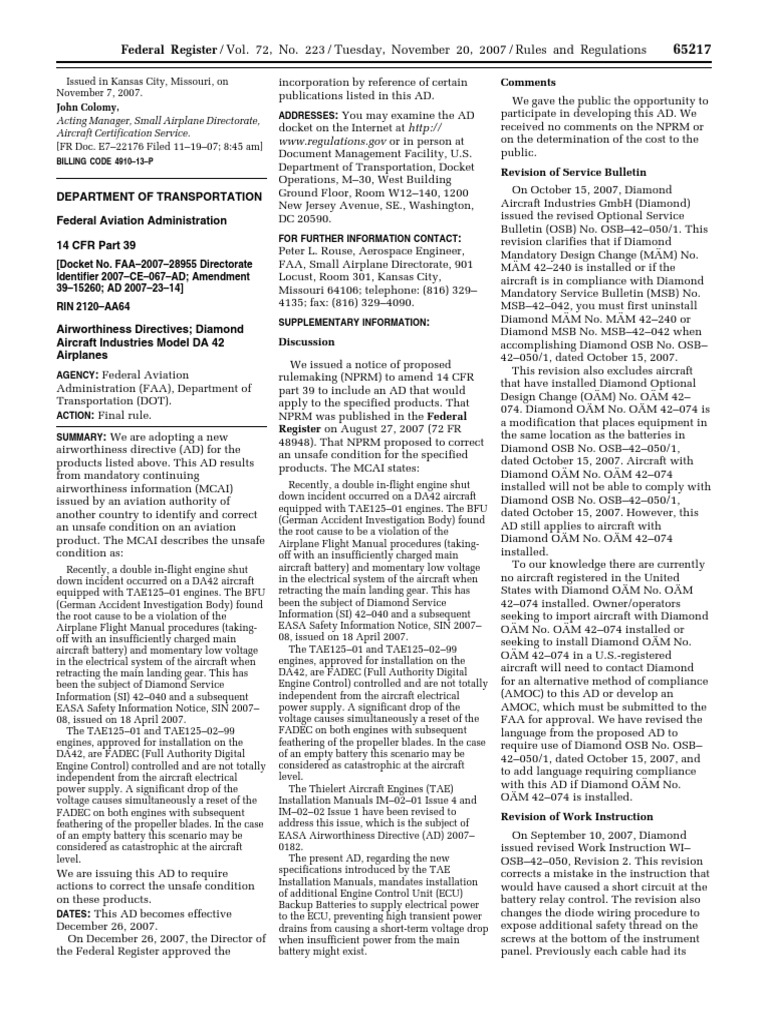 Rule: Airworthiness Directives: Diamond Aircraft Industries | PDF ...