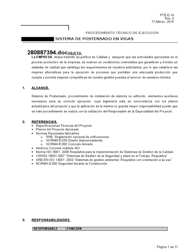 Procedimiento Postensado | PDF | Calidad (comercial) | Acero