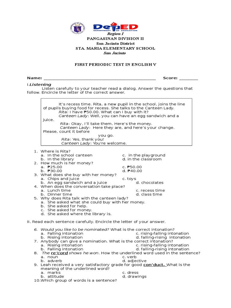 1st Periodic Test in English 5 | PDF | Stress (Linguistics) | Verb