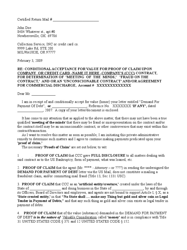 Conditional Acceptance for Debt Claim | PDF | Negotiable Instrument ...
