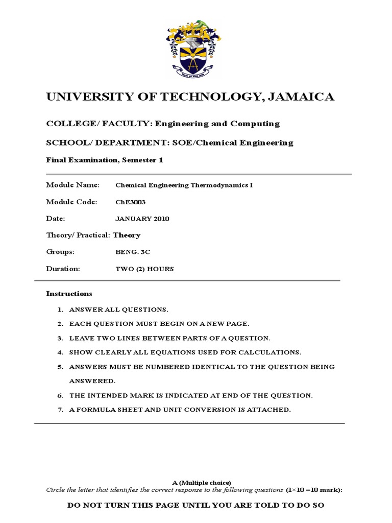 Chemical Engineering Thermodynamics Exam | PDF | Heat | Temperature