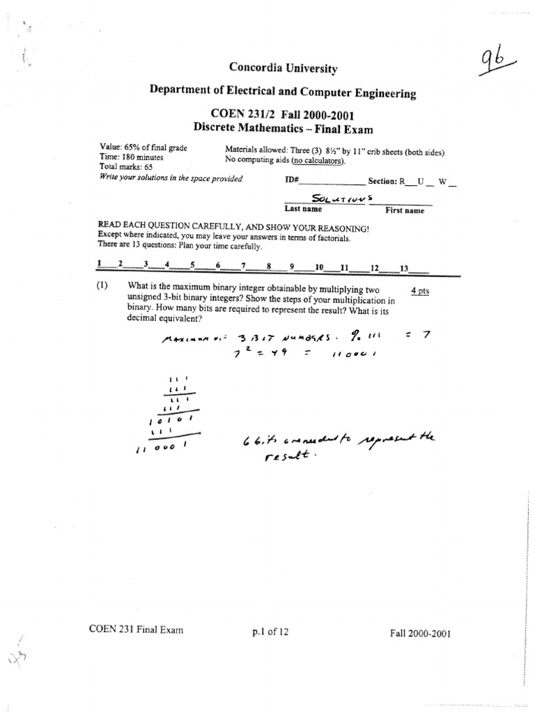 COEN 231 Discrete Mathematics Analysis Rosen EXAM Concordia | PDF