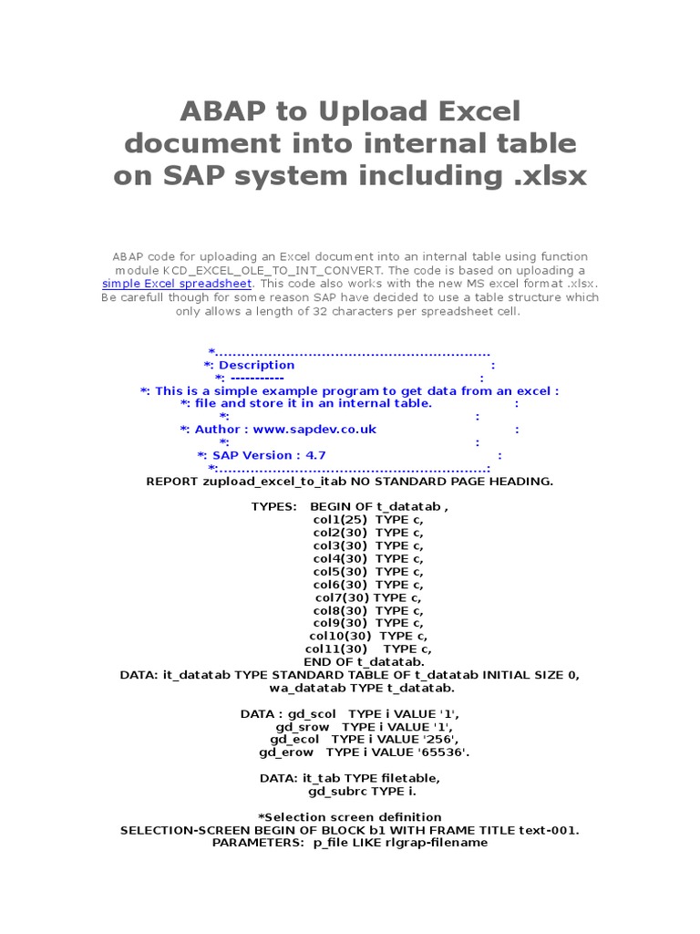 Abap To Upload Excel Document Into Internal Table On Sap System Including Pdf Microsoft