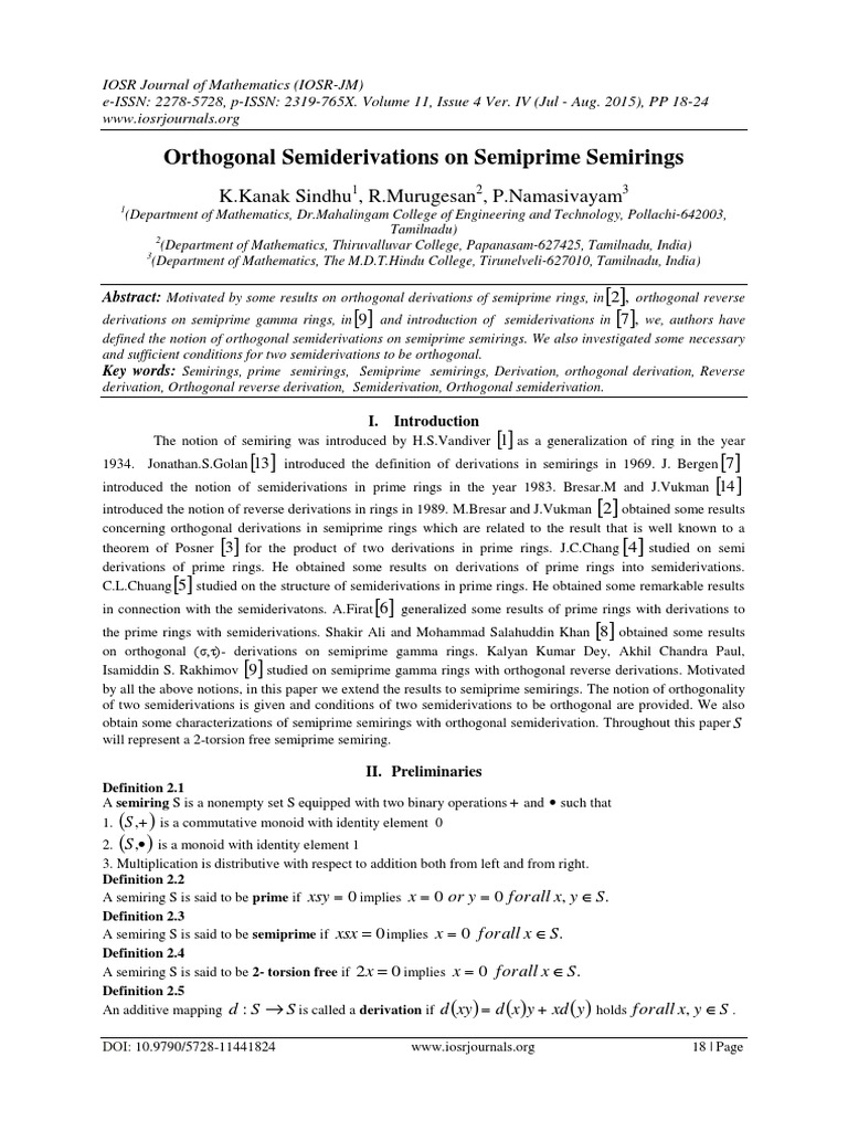 Orthogonal Semiderivations On Semiprime Semirings | PDF | Universal Algebra | Teaching Mathematics