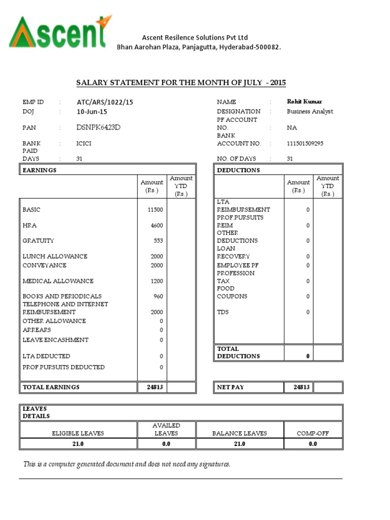 Salary Statement For The Month of July - 2015 | PDF