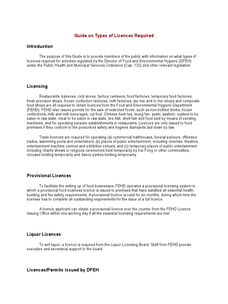Guide On Types of Licences | PDF | License | Restaurants