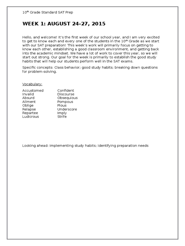 10th Grade SAT Prep Week 1 Guide | PDF