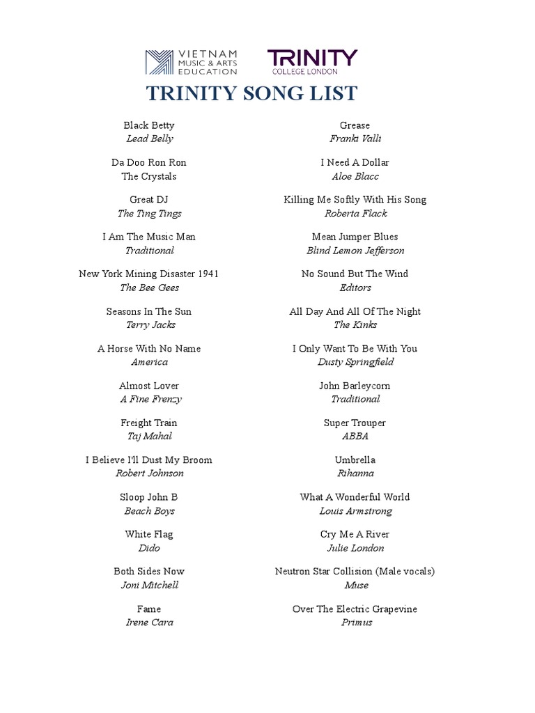 Trinity Song List | PDF | Rock Music | Musical Groups