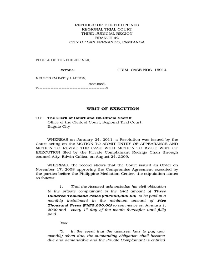 Writ of Execution - Criminal Case | Judgment (Law) | Property