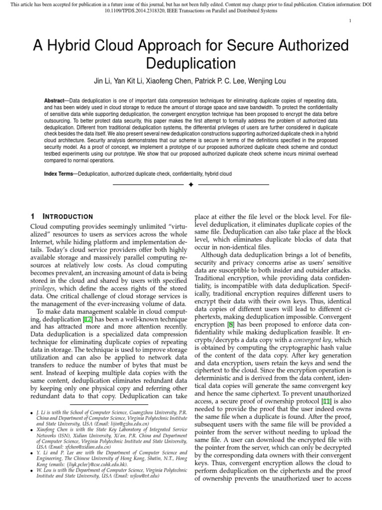 A Hybrid Cloud Approach For Secure Authorized Deduplication PDF | PDF