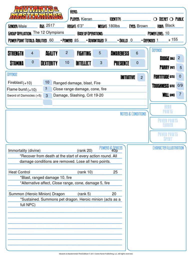 Kieran's Mutant's and Masterminds Character Sheet | PDF | Gaming | Role ...