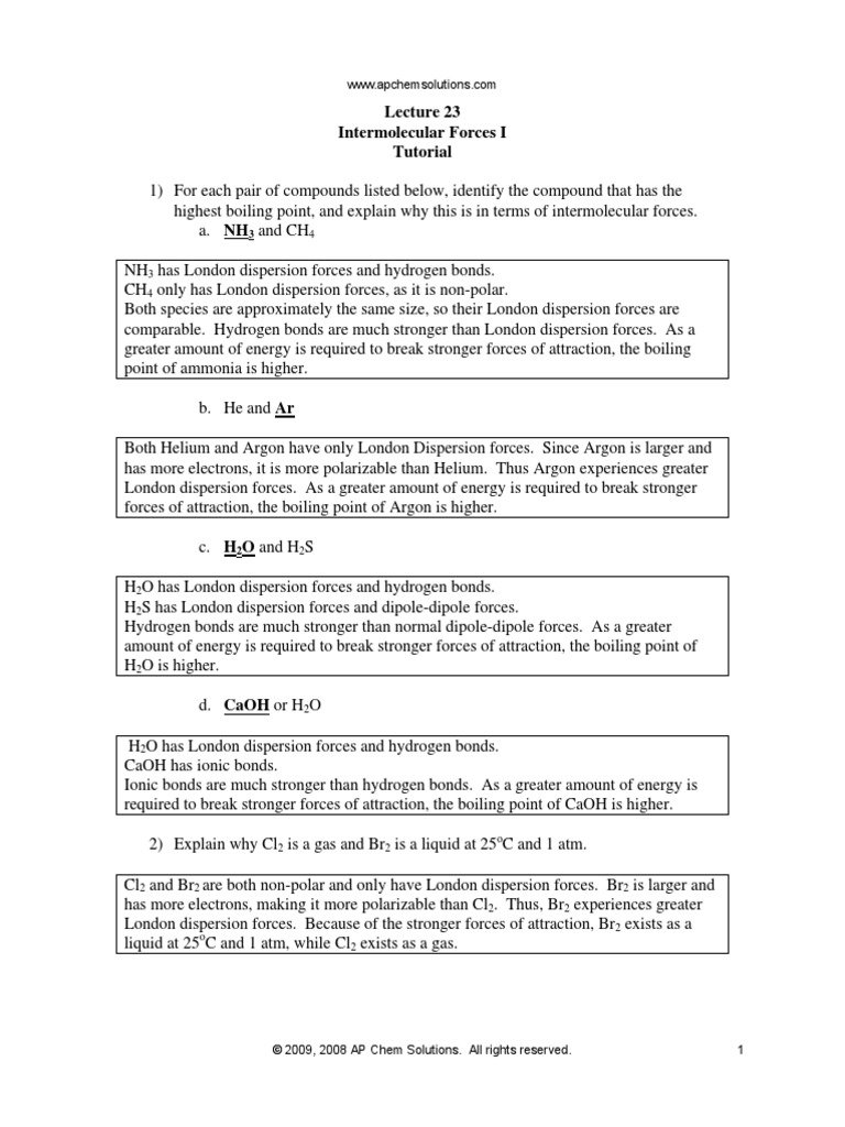 Form 6 Chemistry (SEM 1) - Intermolecular Forces | PDF | Intermolecular ...