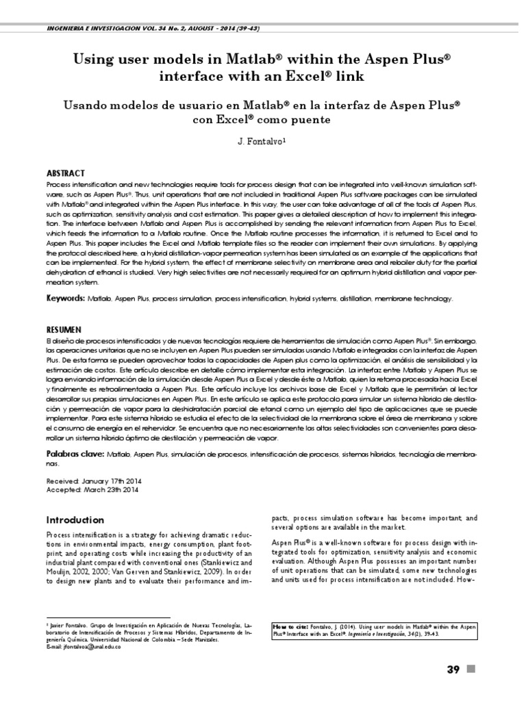 Using Matlab Models In Aspen Plus Pdf Pdf Membrane Microsoft Excel 