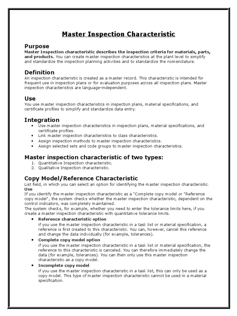 Master Inspection Characteristic: Purpose | PDF