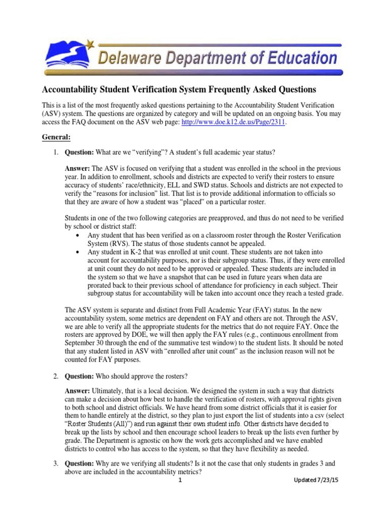 Accountability Student Verification System Frequently Asked Questions ...