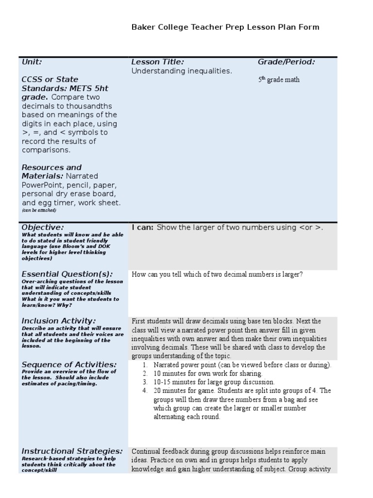 Understanding Inequalities Lesson Plan 2 | PDF | Educational Assessment ...