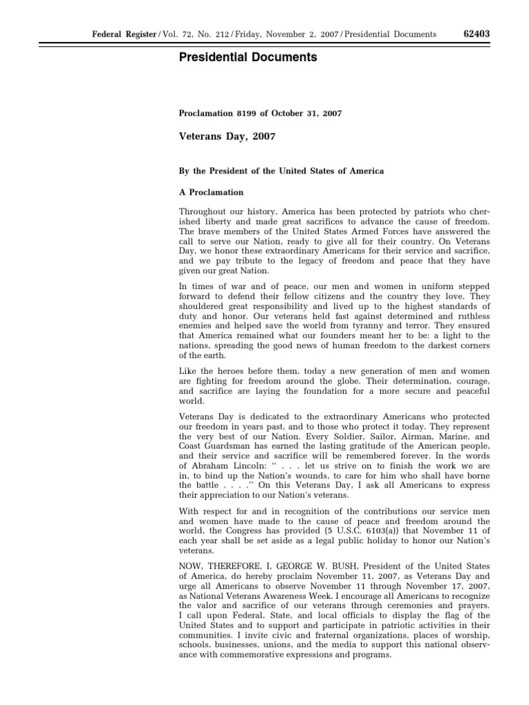 Veterans Day Proclamation 2007 | PDF | The United States | Government