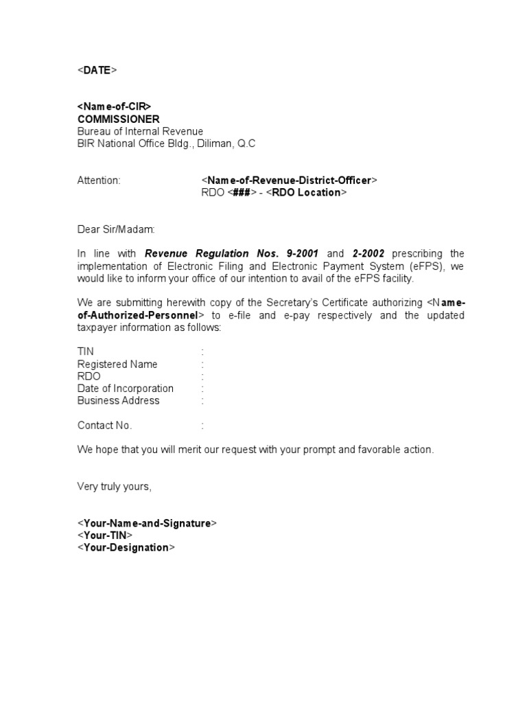 Sample Template EFPS Letter of Intent and Secretary Certificate For Non ...