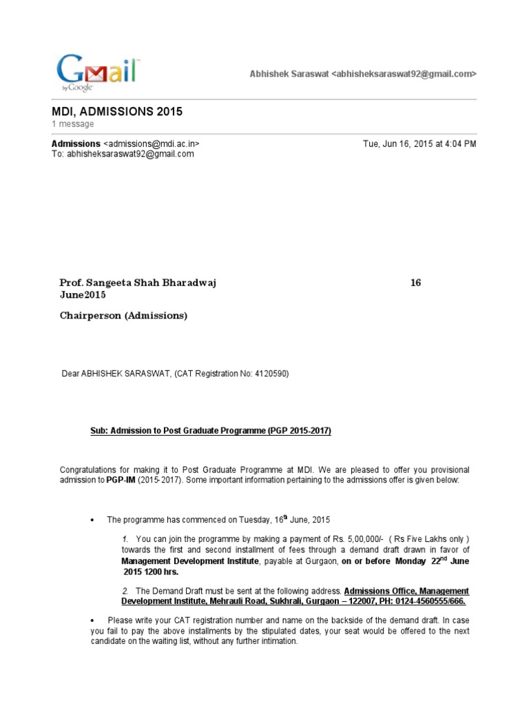 Gmail - Mdi Admissions 2015 | PDF | Educational Stages | Vocational Education