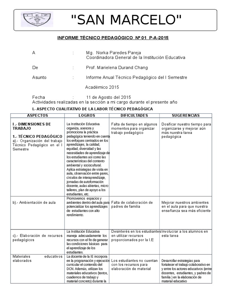 Informe Técnico Pedagógico Del Segundo Grado | PDF | Evaluación ...