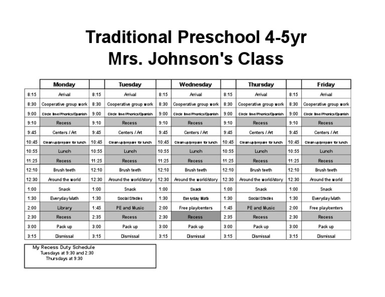 Traditional Preschool 4-5yr Mrs. Johnson's Class: Monday Tuesday ...