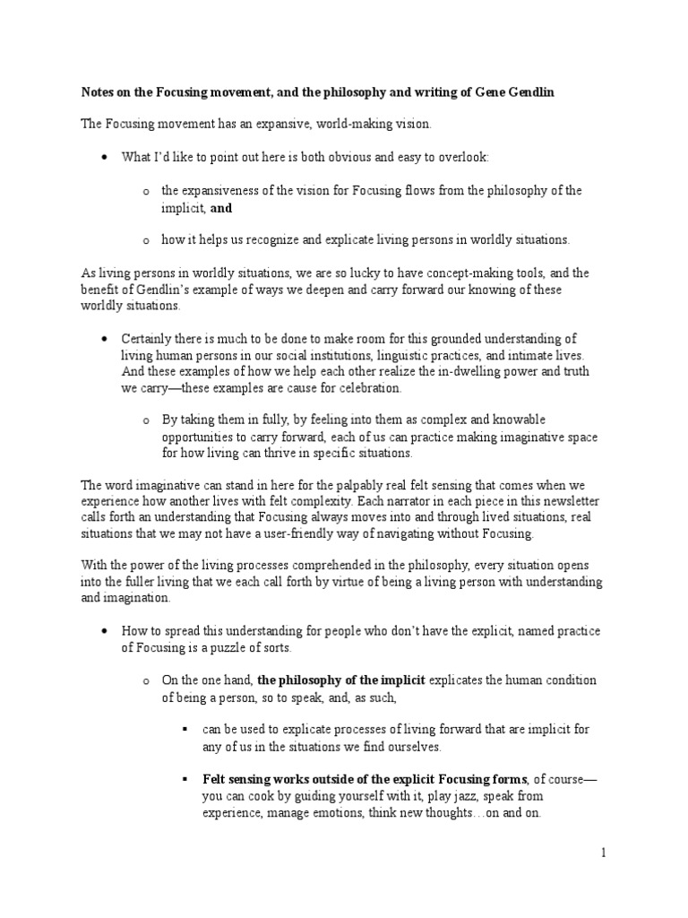 Notes On The Focusing Movement and Points of Gendlin's Philosophy | PDF ...