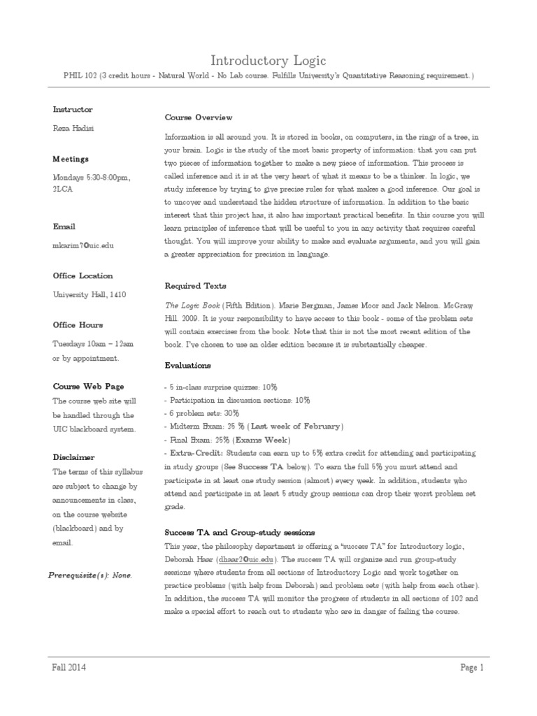 Introductory Logic: Course Overview Instructor | PDF | Logic | Plagiarism