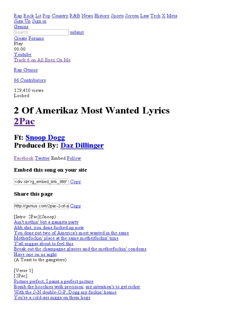 2 of Amerikaz Most Wanted Lyrics: Snoop Dogg Daz Dillinger | PDF ...