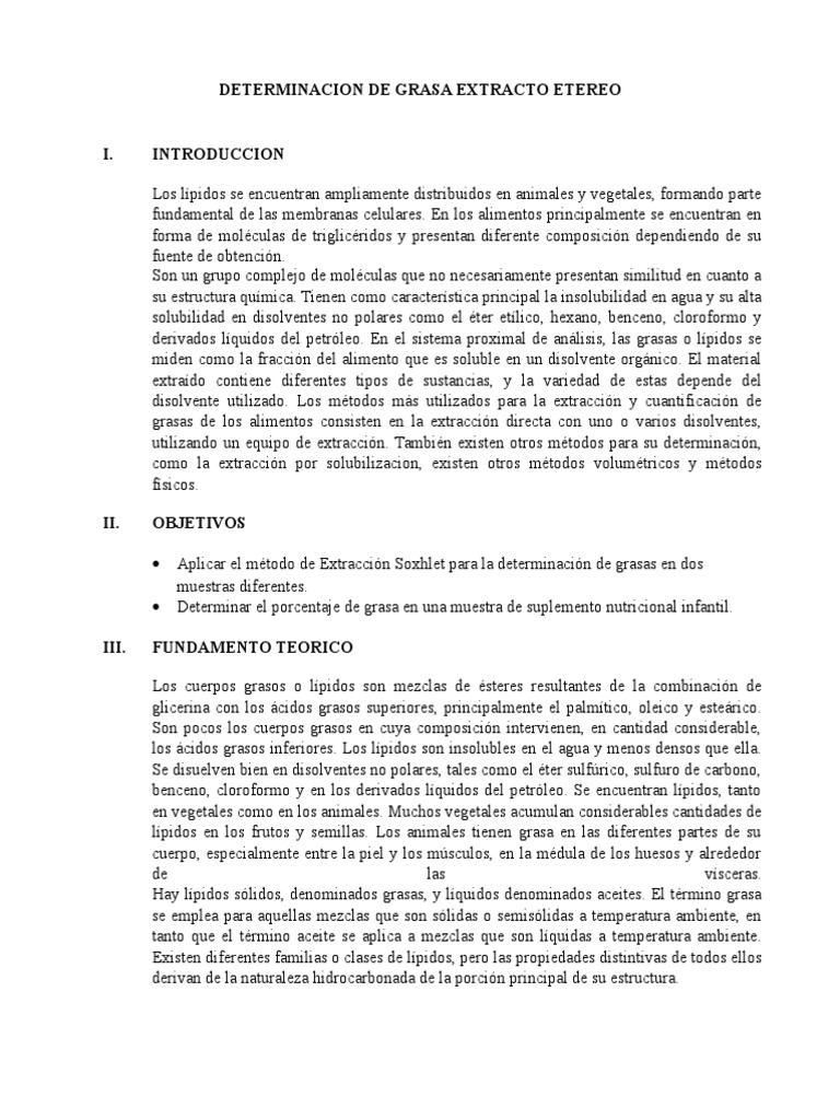 Determinacion de Grasa Extracto Etereo Listo | PDF | Lípido | Biomoléculas