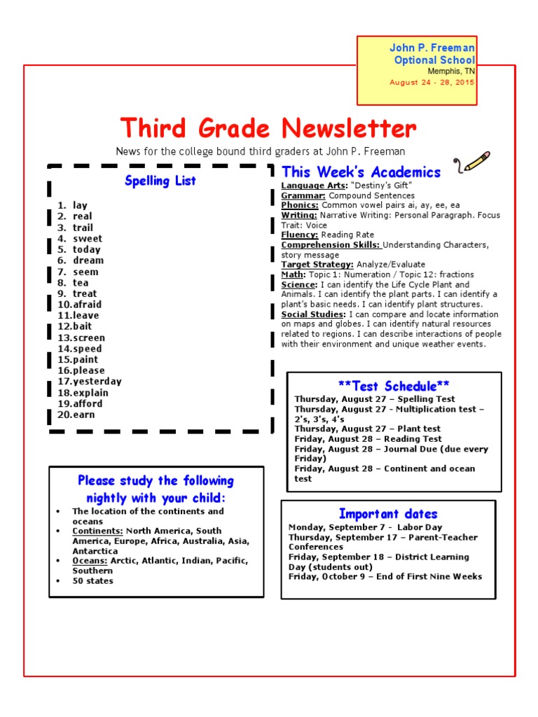 Third Grade Weekly Academic Update | PDF | Language Arts & Discipline