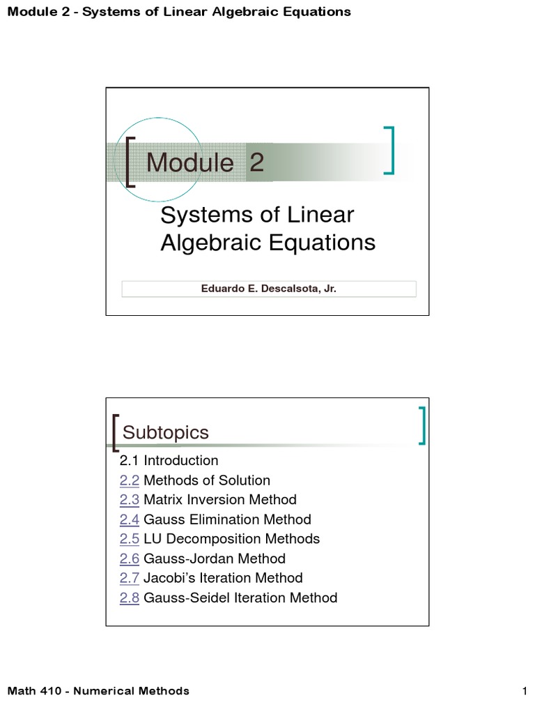 Systems of Linear Algebraic Equations: Subtopics | Download Free PDF | Matrix (Mathematics ...