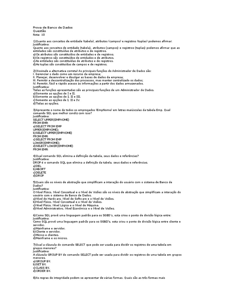 Prova de Banco de Dados | PDF | SQL | Bancos de dados