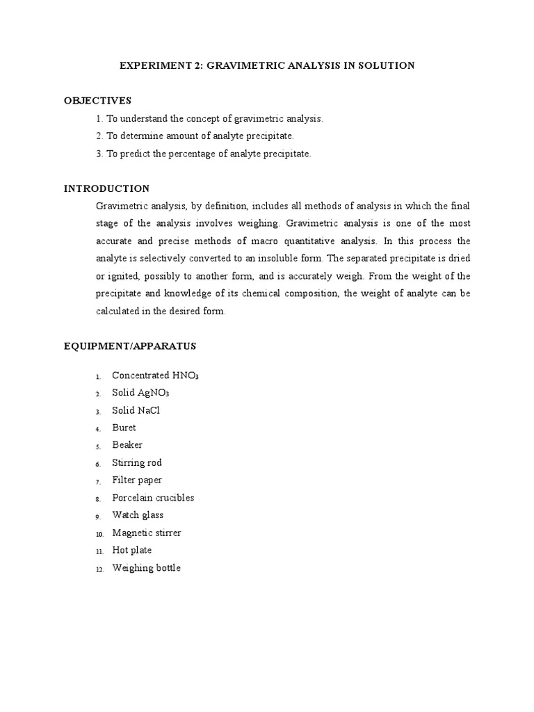 Experiment 2: Gravimetric Analysis in Solution | PDF | Precipitation (Chemistry) | Analytical ...