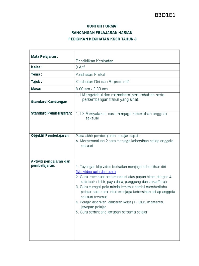 Contoh Rph Kssr Pendidikan Kesihatan Tahun 1 - DaleewaFernandez