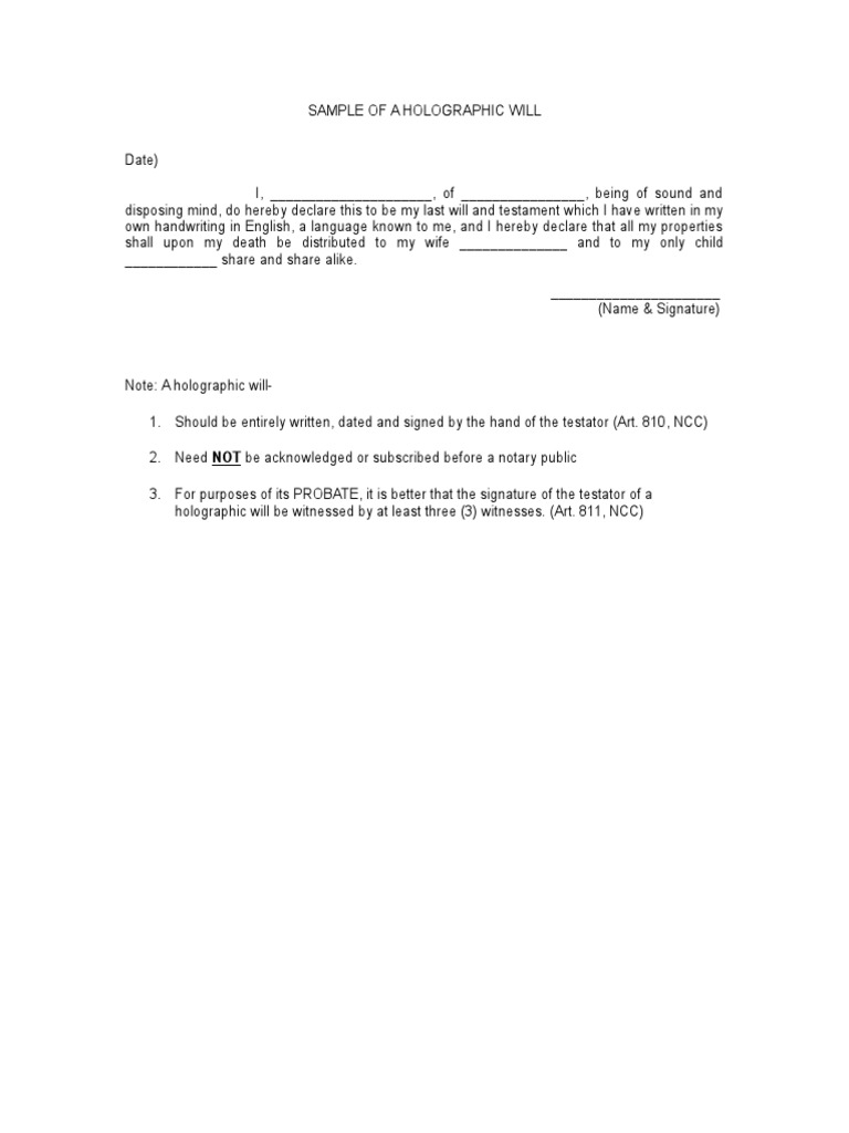 Holographic Will Sample | Download Free PDF | Will And Testament | Document