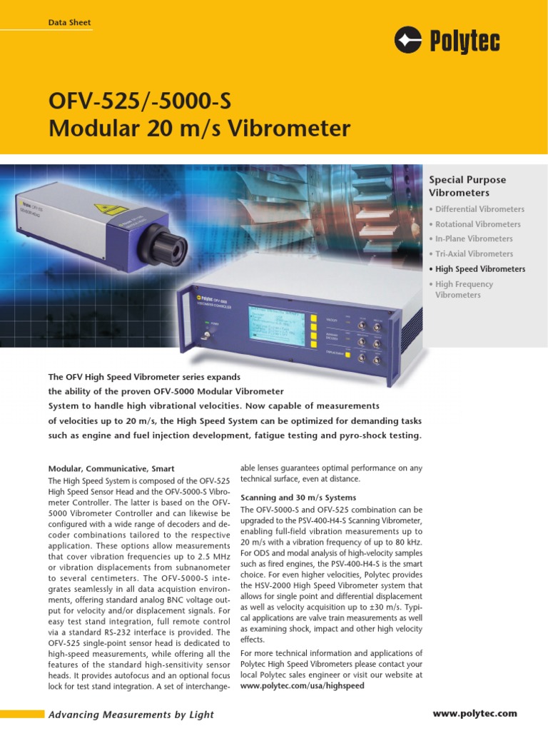 OFV-525/-5000-S Modular 20 M/s Vibrometer: Data Sheet | PDF | Hertz | Laser