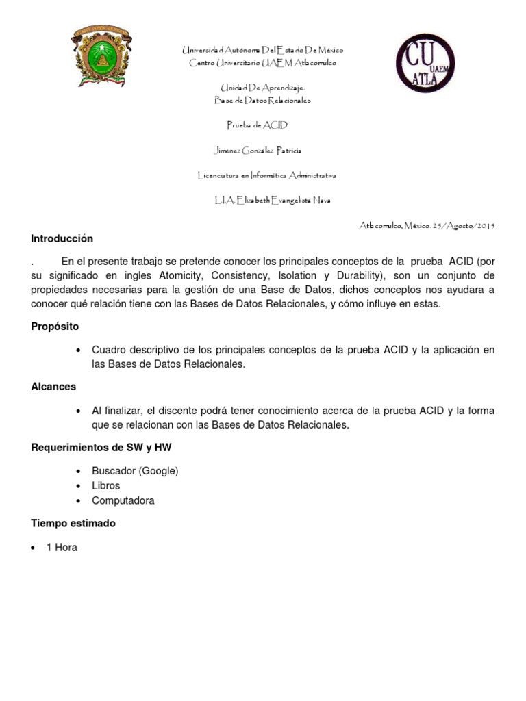 Prueba ACID | Bases de datos | Ácido