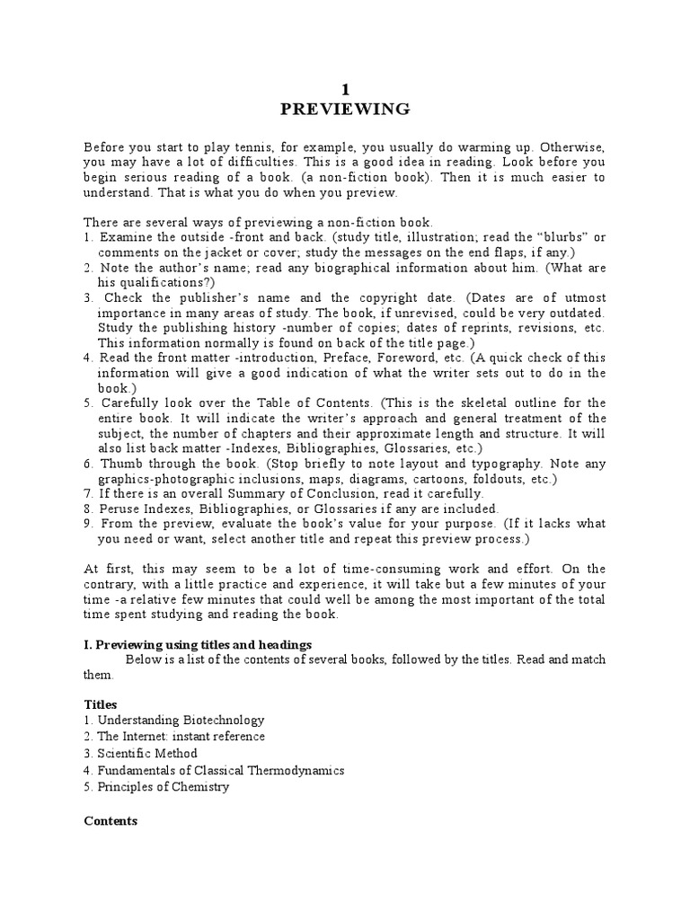 1 Previewing: I. Previewing Using Titles and Headings | PDF | Book ...