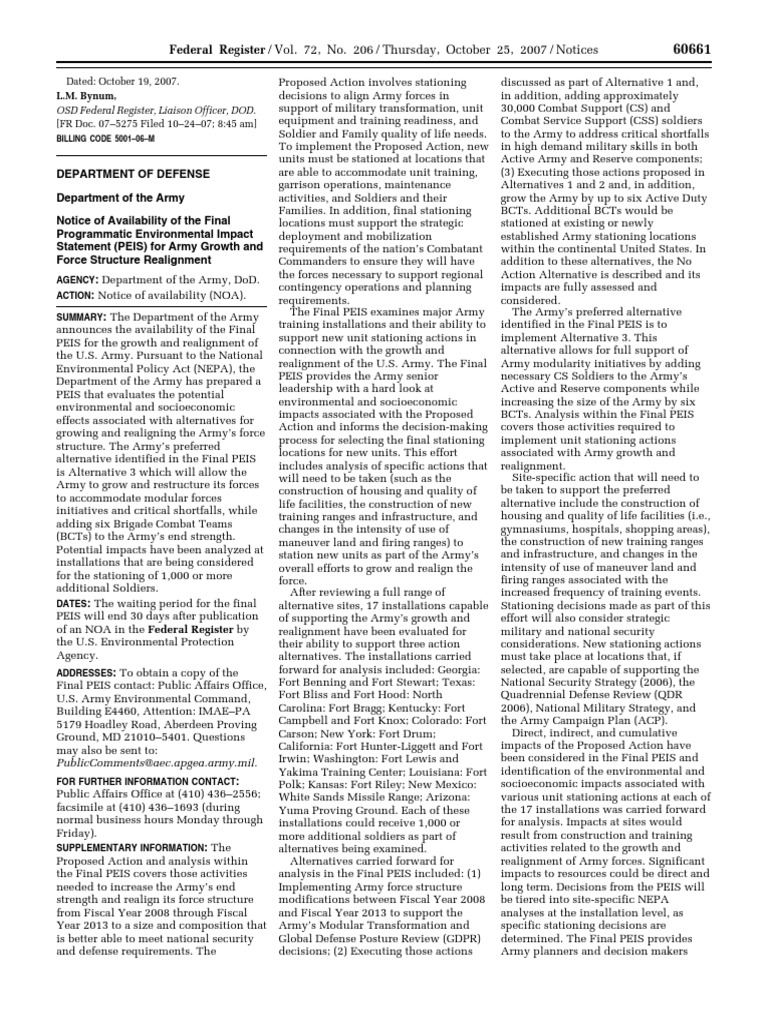 Notice: Environmental Statements Availability, Etc.: Army Growth and ...