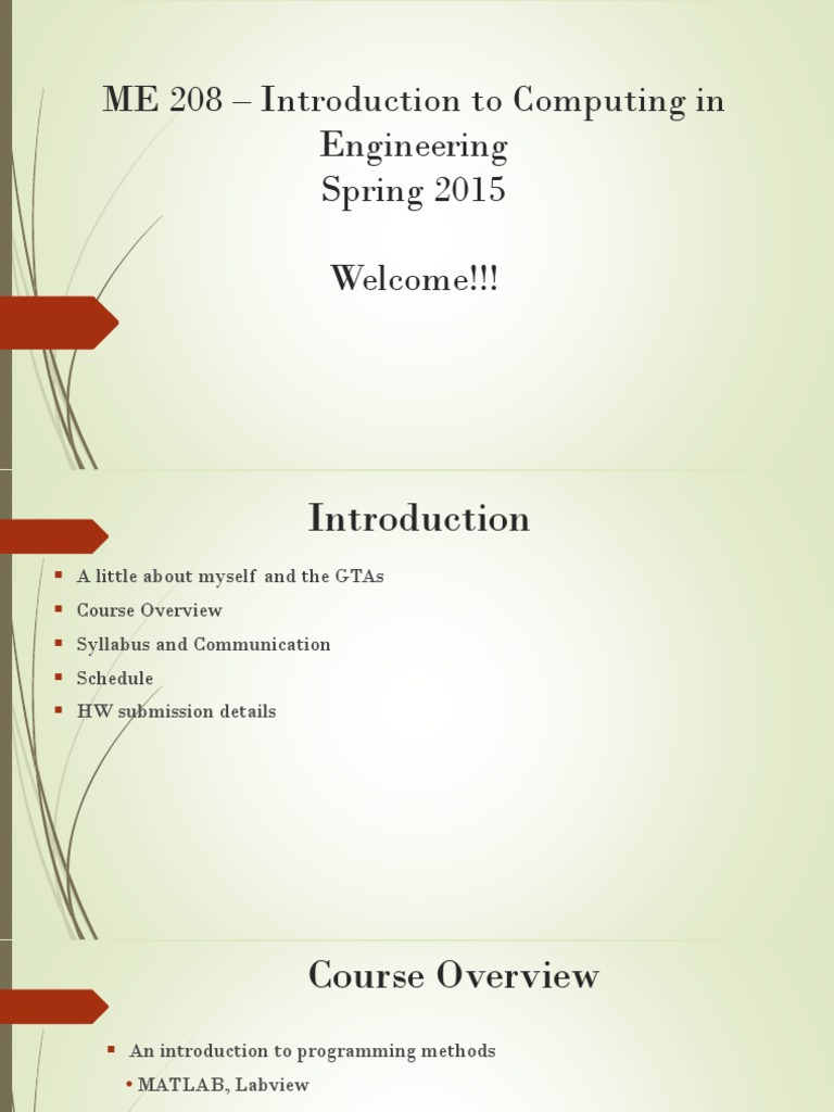 Me 208 Introduction To Computing In Engineering Spring 2015 Welcome 0223