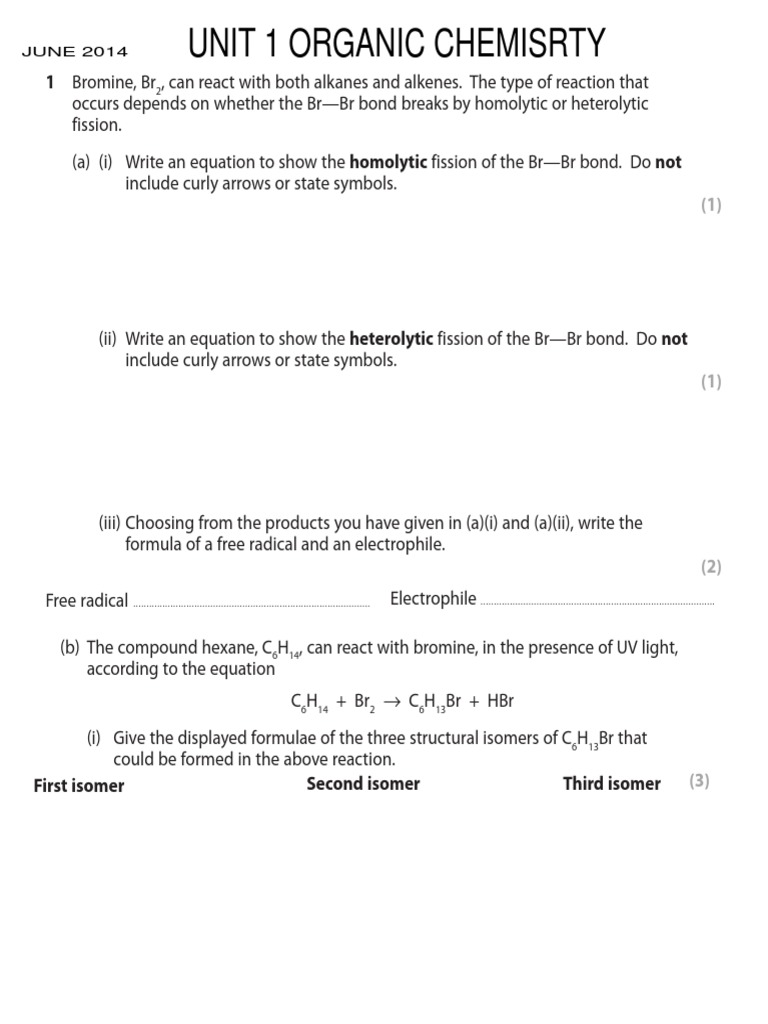 Unit 1 Organic Chemistry | PDF | Chlorine | Chemical Reactions