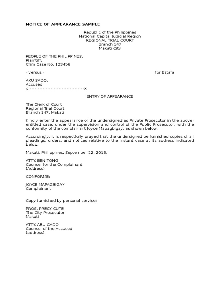 Notice of Appearance Sample | PDF | Social Science | Law