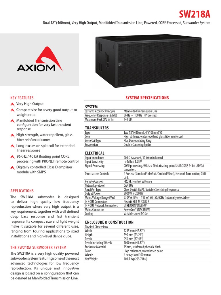 SW218A - Data Sheet PDF | PDF | Amplifier | Loudspeaker