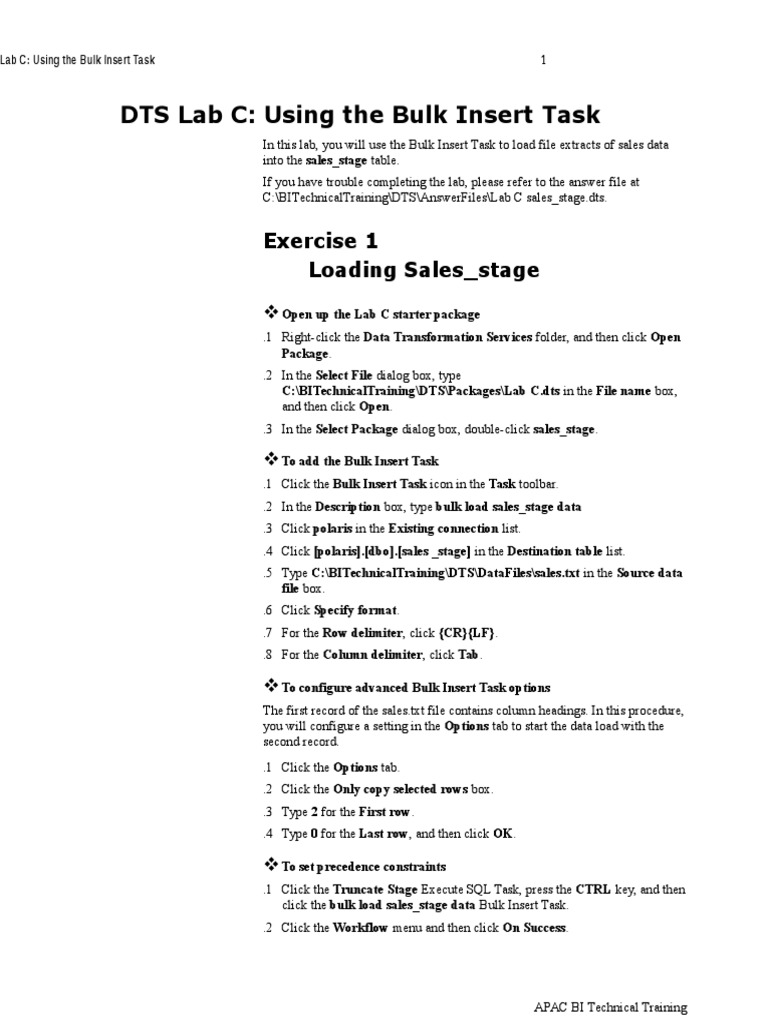 DTS Lab C Using The Bulk Insert Task | PDF | Microsoft Sql Server | Pl/Sql