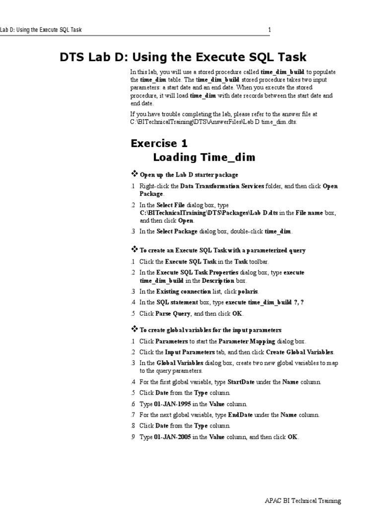 DTS Lab D Using The Execute SQL Task | PDF | Data Management Software ...