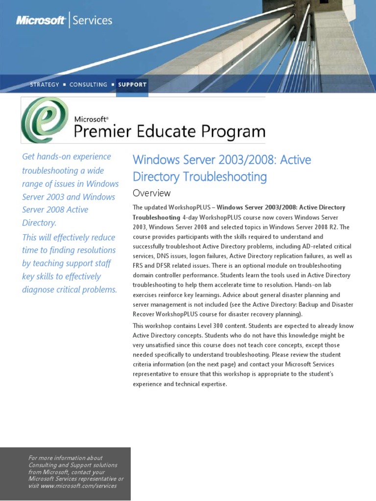 Active Directory Troubleshooting Workshopplus 4 Days Pdf Active Directory Troubleshooting