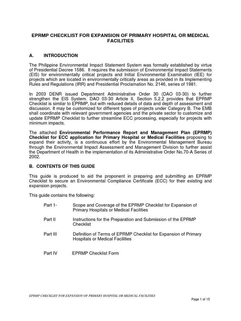 Draft Eprmp Checklist For Expansion of Primary Hospital or Medical ...