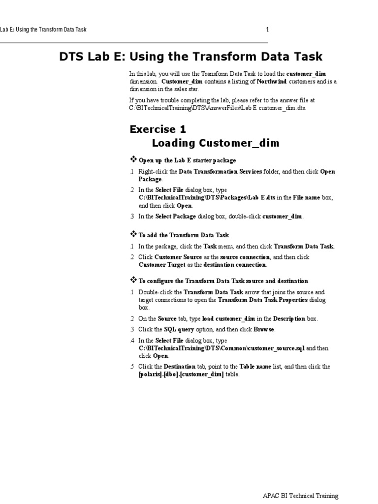 DTS Lab E Using The Transform Data Task | PDF | Databases | Information ...