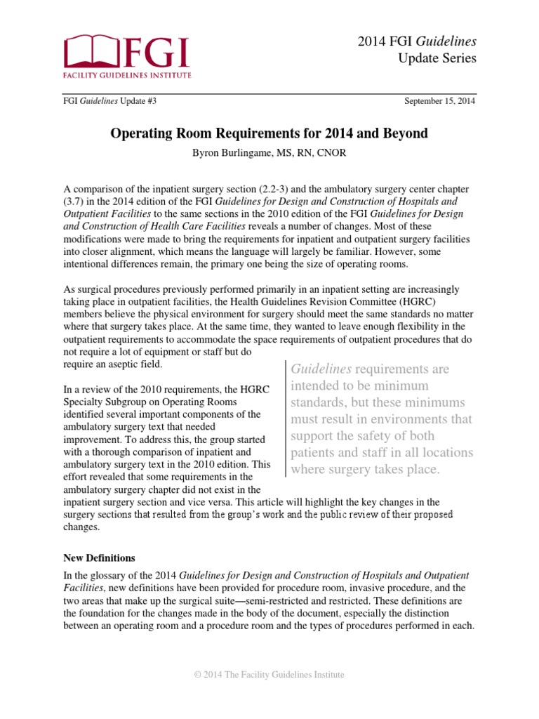 Operating Room Requirements For 2014 and Beyond: 2014 FGI Guidelines ...